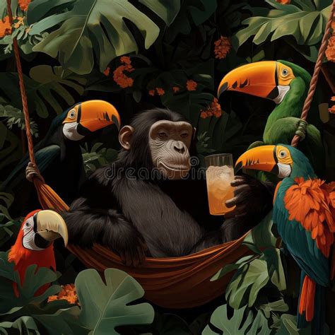 Chill Monkey Relaxing In Hammock With Tropical Drink And Colorful Birds In Jungle Generative AI