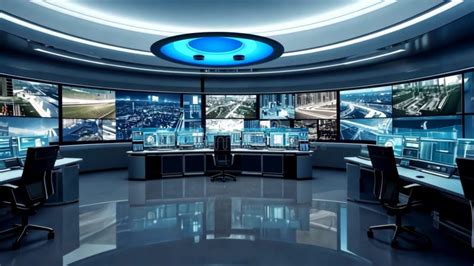 Futuristic Security Control Room With Blue Lighting And Multiple City Monitoring Screens Stock