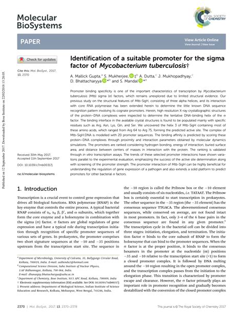 Pdf Identification Of Suitable Promoter For Sigma Factor Of Mycobacterium Tuberculosis
