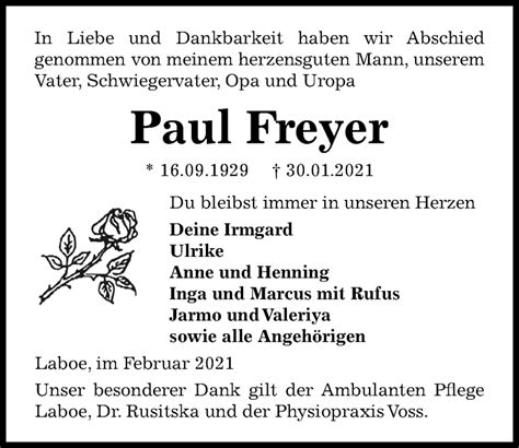 Traueranzeigen Von Paul Freyer Trauer Anzeigen De