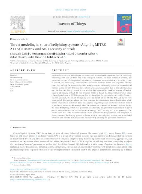 Threat Modeling In Smart Firefighting Systems Aligning Mitre Attandck Matrix And Nist Security