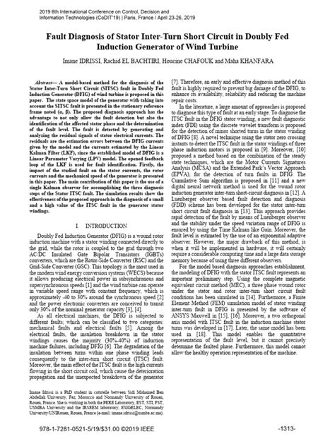 2019 Fault Diagnosis Of Stator Inter Turn Short Circuit In Doubly Fed Induction Generator Of