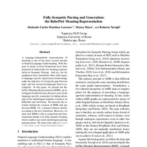 Fully Semantic Parsing And Generation The Babelnet Meaning Representation Acl Anthology