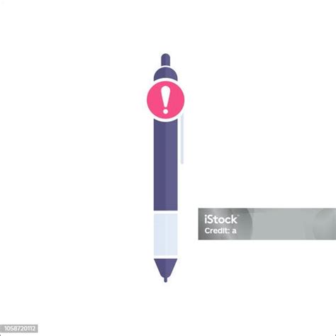 펜 아이콘 볼펜 볼펜 문구 용품 악기 아이콘 느낌표와 함께 작성 펜 아이콘 및 경고 오류 경보 위험 기호 교육에 대한 스톡 벡터