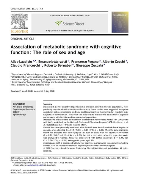 Pdf Association Of Metabolic Syndrome With Cognitive Function The