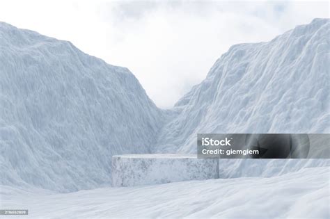 3d 렌더링 겨울 플랫폼 및 자연 모형 배경 얼음 눈 산에 돌 연단 배경 하늘과 구름 0명에 대한 스톡 사진 및 기타 이미지