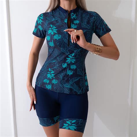 Ophpy Two Piece Swimsuit For Women Fashion Half Zip Short Sleeve