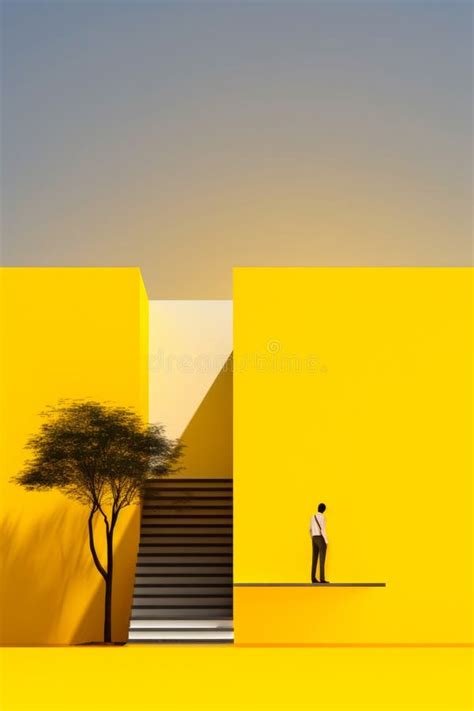 Man Standing In Front Of Yellow Building With Stairs And Tree Generative Ai Stock Illustration
