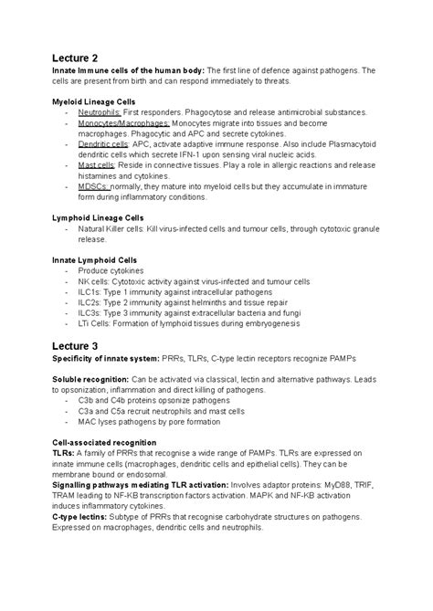 Lecs 2 3 Notes For Lecture 2 3 Lecture 2 Innate Immune Cells Of The Human Body The First