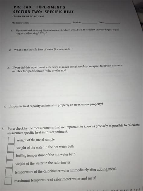 Solved PRE LAB EXPERIMENT SECTION TWO SPECIFIC HEAT TURN Chegg Com