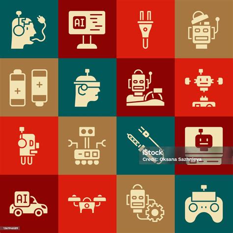 리모컨 로봇 분해 로봇 전기 플러그 스마트 안경 배터리 충전 배터리 및 휴머노이드 운전 자동차 아이콘을 설정합니다 벡터 가공의