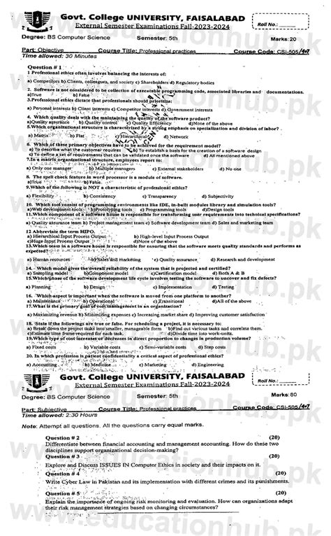 Professional Practices Bscs Gcuf Past Papers Fall 2023 Education Hub