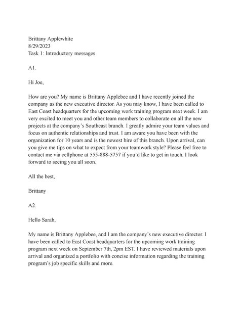 D268 Task 1 Task 1 Passed Brittany Applewhite 8 29 Task 1 Introductory Messages A1 Hi Joe
