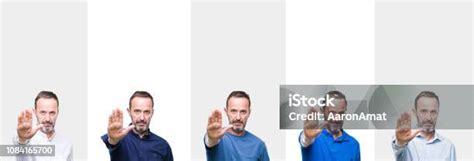중지 하 고 격리 된 배경 위에 중 년 수석 노인의 남자의 콜라주는 손의 종 려를 가진 노래 얼굴에 부정적이 고 심각한 제스처와