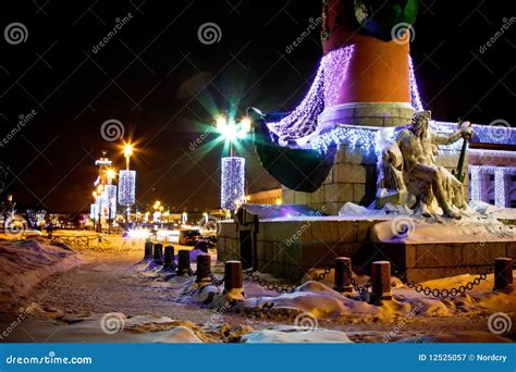 Illuminated Column With Sculpture Stock Image Image Of Holiday Night 12525057