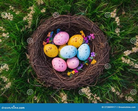 Colorful Easter Eggs In The Birdâ€™s Nest On The Grasses Idea Of Happy