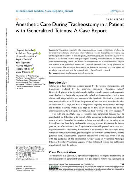 Pdf Anesthetic Care During Tracheostomy In A Patient With Generalized Tetanus A Case Report