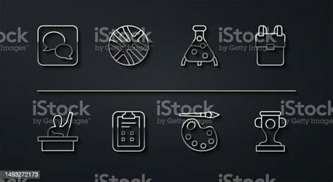 라인 말풍선 채팅 손을 드는 남자 아이 학교 배낭 팔레트가 있는 페인트 브러시 시험지 확인 표시 농구 공 수상 컵 및 시험관 플라스크 아이콘을 설정합니다 벡터 0명에 대한