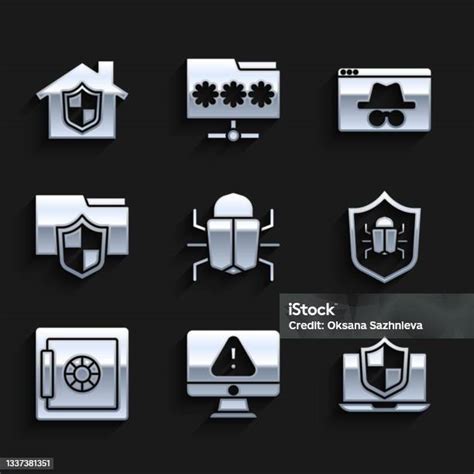 시스템 버그 설정 느낌표와 모니터 랩톱 보호 쉴드 안전 문서 폴더 보호 브라우저 시크릿 창 및 아이콘 아래 집 벡터 Brand Name Smart Phone에 대한 스톡