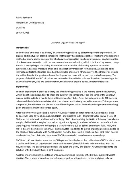 Chem Lab Report Final Draft Copy Arabia Jefferson Principles Of Chemistry I Lab Dr Mapp 19