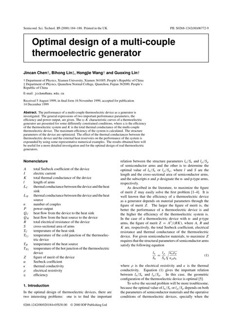 Pdf Optimal Design Of A Multi Couple Thermoelectric Generator
