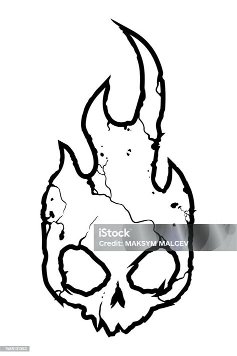 불타는 두개골 해골 아이콘 그림입니다 인쇄를 위한 고딕 디자인 만화 스타일 공포 또는 할로윈 스티커 손 그리기 그림 고딕 양식에 대한 스톡 벡터 아트 및 기타 이미지