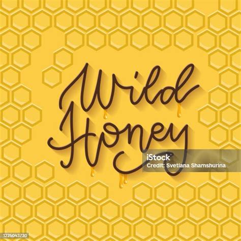 꿀벌 꿀 타이포그래피 디자인입니다 허니콤 패턴의 선형 트렌디 한 레터링 양봉 및 꿀 제품을위한 템플릿 디자인 노란색 배경 플랫