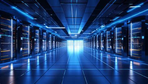Visually Captivating Modern Data Center With Organized Server Racks Emitting A Soft Blue Glow