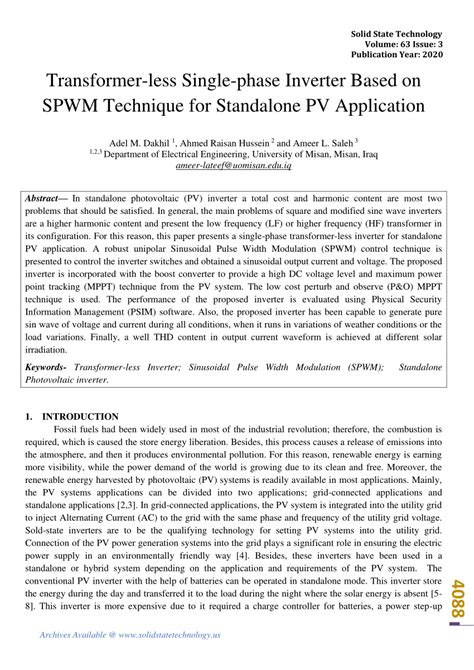 PDF Transformer Less Single Phase Inverter Based On SPWM Technique For Standalone PV Application
