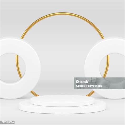 백색 3d 진열장 실린더 연단 주춧대 황금 반지 벽 배경 현실적 벡터 3차원 형태에 대한 스톡 벡터 아트 및 기타 이미지 3차원 형태 가정의 방 광고 Istock