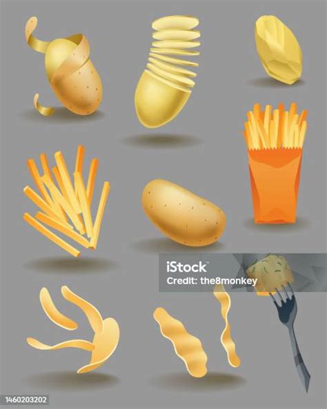 감자 스낵 컬렉션입니다 식품 요리 요리 농장 야채 패스트 푸드 메뉴에 대 한 아이콘입니다 생 감자 전체 뿌리 작물 및 얇게 썬 조각 야채 벡터 디자인 3차원 형태에 대한