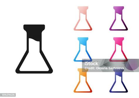 흰색 배경에 격리 된 검은 테스트 튜브와 플라스크 아이콘 화학 실험실 테스트 실험실 유리 제품 다채로운 아이콘을 설정합니다 벡터 개발에 대한 스톡 벡터 아트 및 기타 이미지