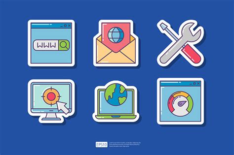 브라우저 이메일 마케팅 스패너 드라이버로 유지 관리 대상 고객 웹 사이트 Seo 성능 측정 검색 엔진 최적화 및 인터넷 마케팅 광고 스티커 아이콘 세트 스티커에 대한 스톡