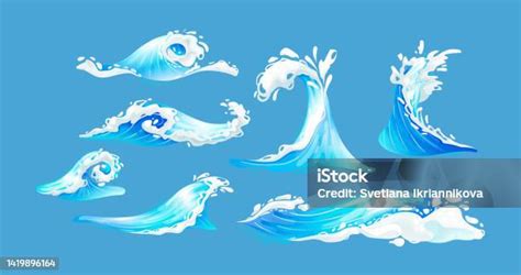 바다 바다 파도 세트 푸른 물 바다 파도 바다 서핑 웨이브 잔물결 조수 바다 폭풍 쓰나미 갯벌 다른 모양 스프레이와 스플래시 워터 모션 0명에 대한 스톡 벡터 아트 및 기타