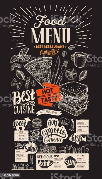 레스토랑의 음식 메뉴입니다 에 대 한 벡터 음식 전단지 바와 카페 칠판 배경에서 빈티지 그린 삽화와 함께 서식 파일을 디자인 합니다 고풍스런에 대한 스톡 벡터 아트 및 기타