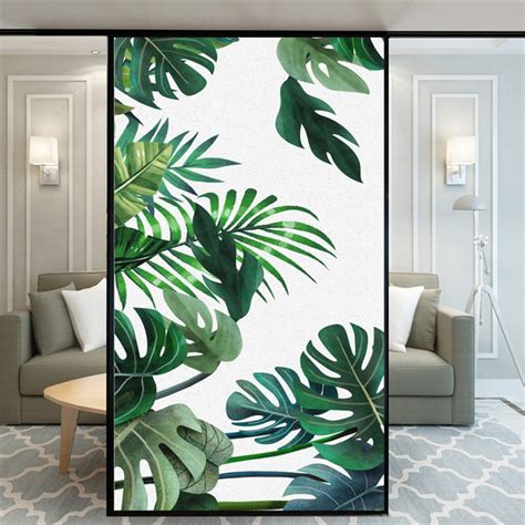 No Glue Decorative Privacy Frosted Window Film Green Leaves Pattern Glass Film Privacy Window