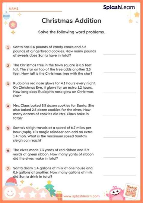 Add Decimal Numbers With 1 Decimal Place Christmas Word Problems Worksheet
