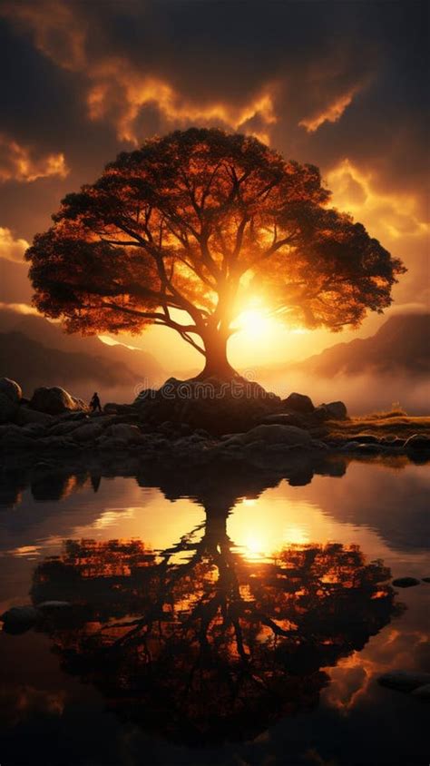 Golden Sentinel Sun Kissed Tree Silhouette Stands Amidst Radiant