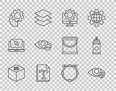 Set Line Isometric Cube Red Eye Effect Computer Monitor And Gear Text File Document Human