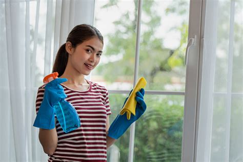 젊은 아시아 여자 주부 착용 장갑 청소 유리 와 마이크로 화이버 천 과 스프레이 소독제 가사 집안일에 대한 스톡 사진 및 기타 이미지 가사 집안일 걸레 고무 장갑