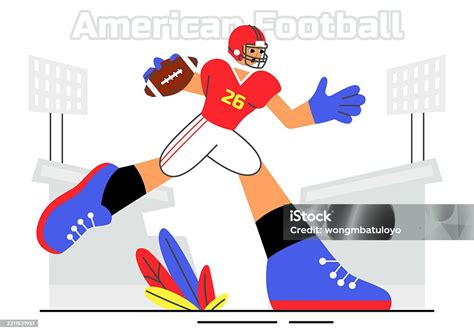 미식 축구 벡터 일러스트 레이 션은 평면 스타일의 만화 배경에서 경기장에서 경기 중 공을 들고 있는 운동 선수를 특징으로합니다 Championship에 대한 스톡 벡터 아트