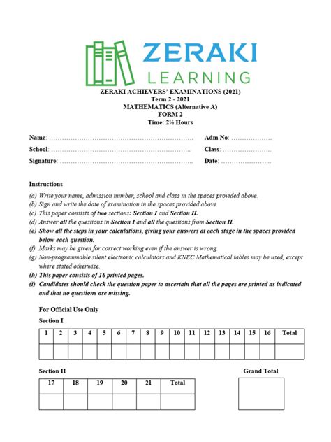 Mathematics Form 2 Zeraki Achievers 20 Question Paper Pdf Area
