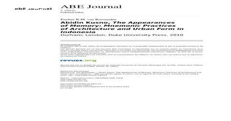 Abe 613 3 Abidin Kusno The Appearances Of Memory Mnemonic Practices Of