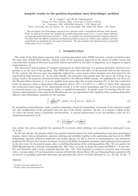 Pdf Analytic Results In The Position Dependent Mass Schrödinger Problem