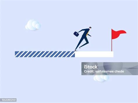 성공에 대한 진행 또는 여정 또는 목표 달성 비즈니스 단계 또는 경력 경로 성공을위한 임무 또는 도전 개선 개념 야심 찬 사업가가 성공 깃발을 달성하기 위해 진행 막대에서