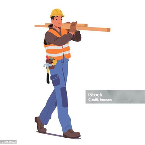 건설 노동자 캐릭터 착용 안전모 와 Highvisibility 재킷 나르는 나무 널빤지 벡터 일러스트 건설 산업에 대한 스톡 벡터 아트 및 기타 이미지 Istock