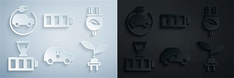 전기 자동차 저장 플러그인 리프 배터리 충전 및 아이콘을 설정합니다 벡터 3차원 형태에 대한 스톡 벡터 아트 및 기타 이미지