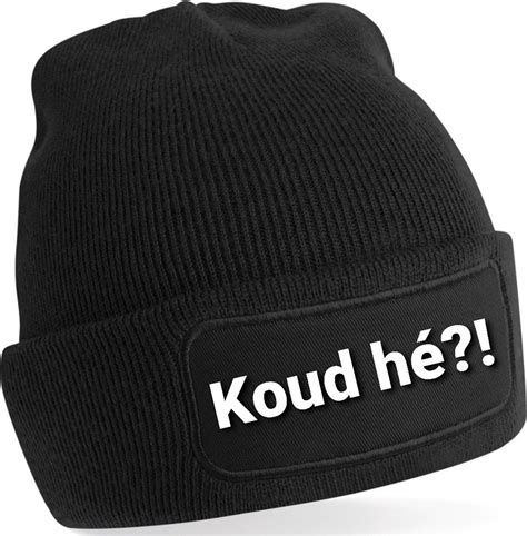 Muts Beanie Koud Hé Feestdagen Winter Zwart Met Witte Opdruk Bol