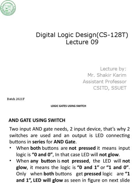 Digital Logic Design Cs 128t Lecture By Mr Shakir Karim Assistant Professor Csitd Ssuet