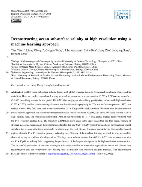 Pdf Reconstructing Ocean Subsurface Salinity At High Resolution Using A Machine Learning Approach